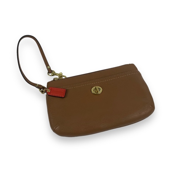 Coach | Bags | Coach Brown Pebbled Leather Gold Turn Lock Wristlet ...